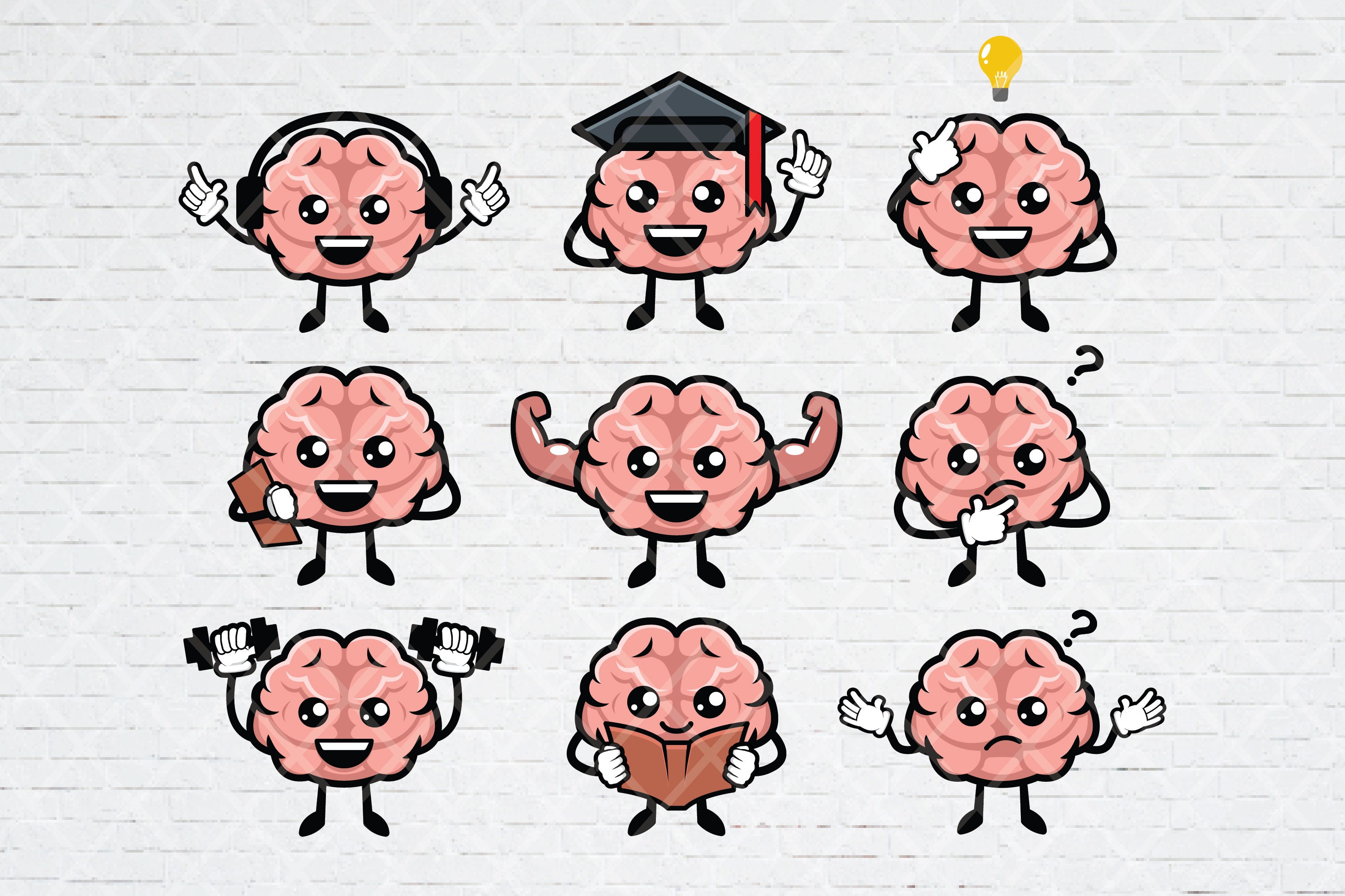 Cute Chibi Brain Mascot Collection: SVG Bundle Files of 9 Funny Brain ...