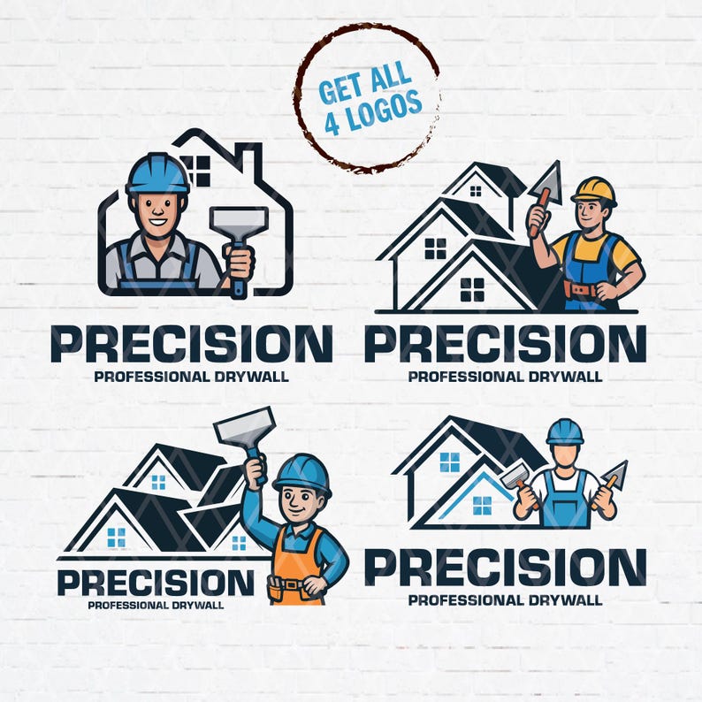 Custom Drywall Logo Design: 4-in-1 Home Improvement Templates (digital ...