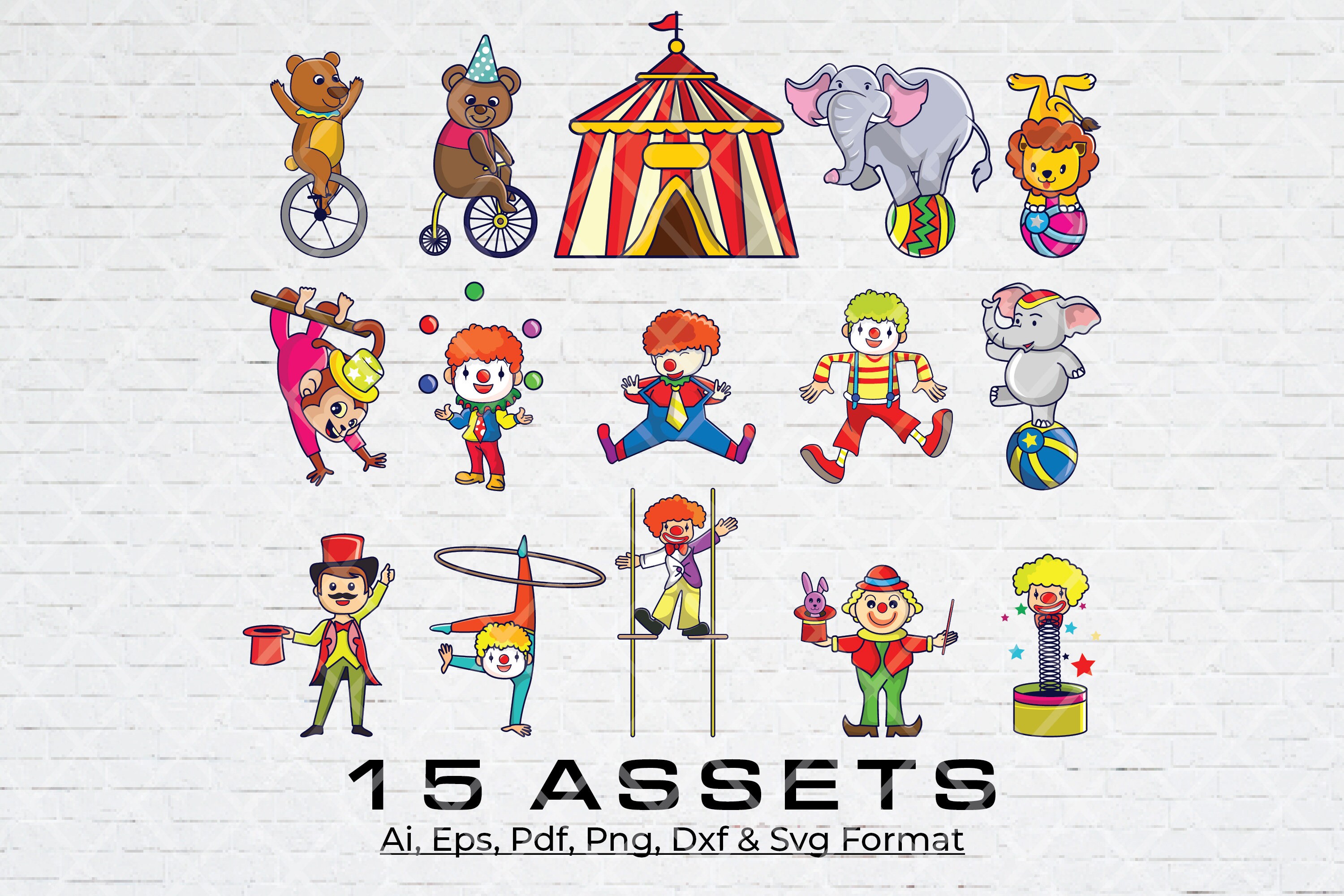 15 Cute Funny Circus Cartoon SVG Bundle: Amusement Park Clipart for ...