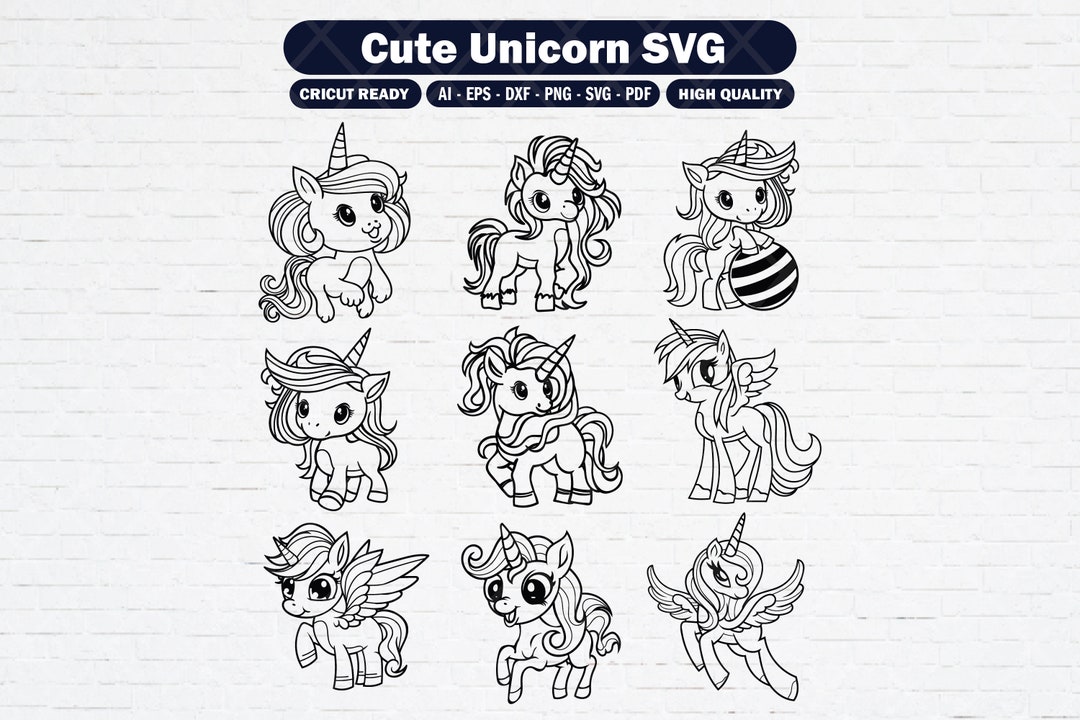 Set of Cute Unicorn Outline for Coloring Book, Unicorn Svg Png Bundle ...
