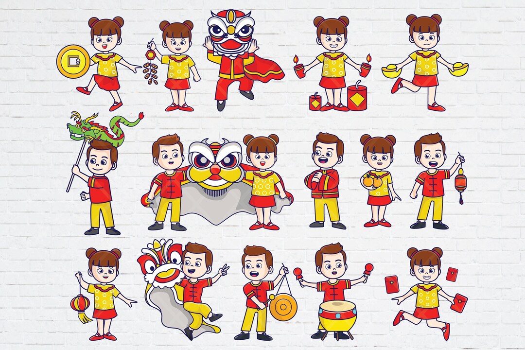 Cute Chinese Kids Girl and Boy Lunar New Year SVG PNG Cliparts Bundle ...