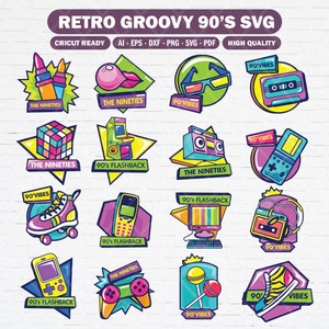 Collection of Retro 90’s Sticker Svg Template, Nineties Groovy Doodle ...