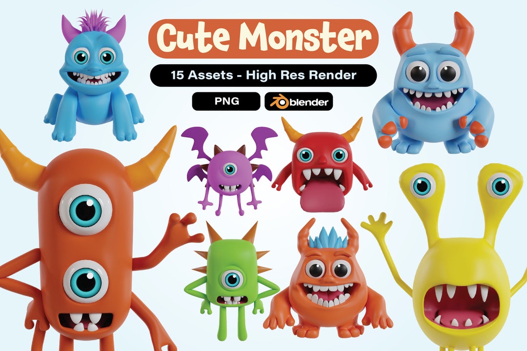 Set of 15 Cute Chibi Monster Clipart, Monster PNG Files, 3d Digital ...