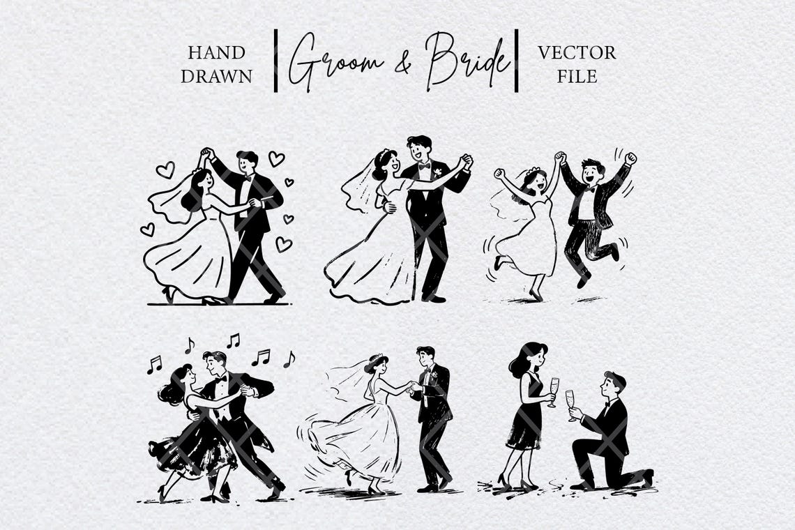 Hand Drawn Bride and Groom Doodles Illustration Collection, Newly Wed ...
