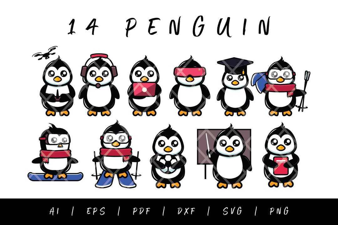 14 Cute Chibi Penguin Cartoon Collection: SVG PNG Kawaii Penguin Sublimation Design Bundle Files ...