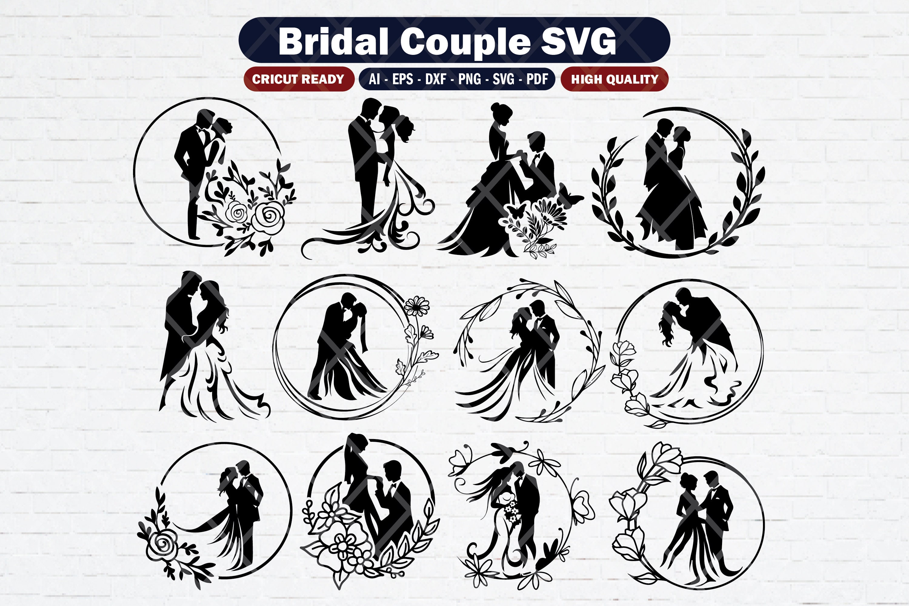 Bride and Groom Couple Svg Bundle, Floral Bride and Groom Clipart ...