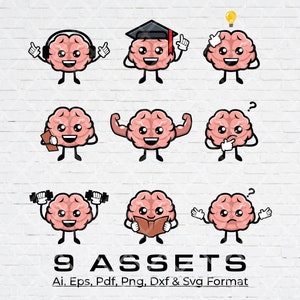 Cute Chibi Brain Mascot Collection: SVG Bundle Files of 9 Funny Brain ...