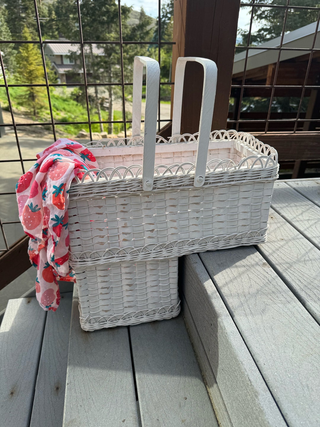 Vintage White Wicker Staircase Step Basket/ Home Decor and Organization ...