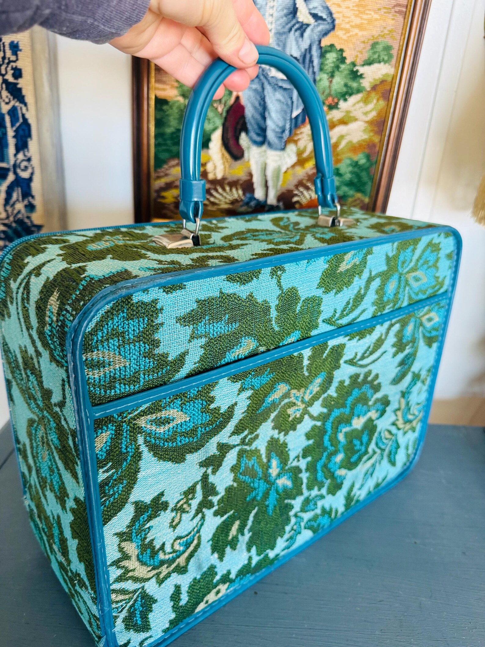 Vintage Floral Blue & Green 70’s Groovy Suitcase/ Soft Carpet Suitcase ...