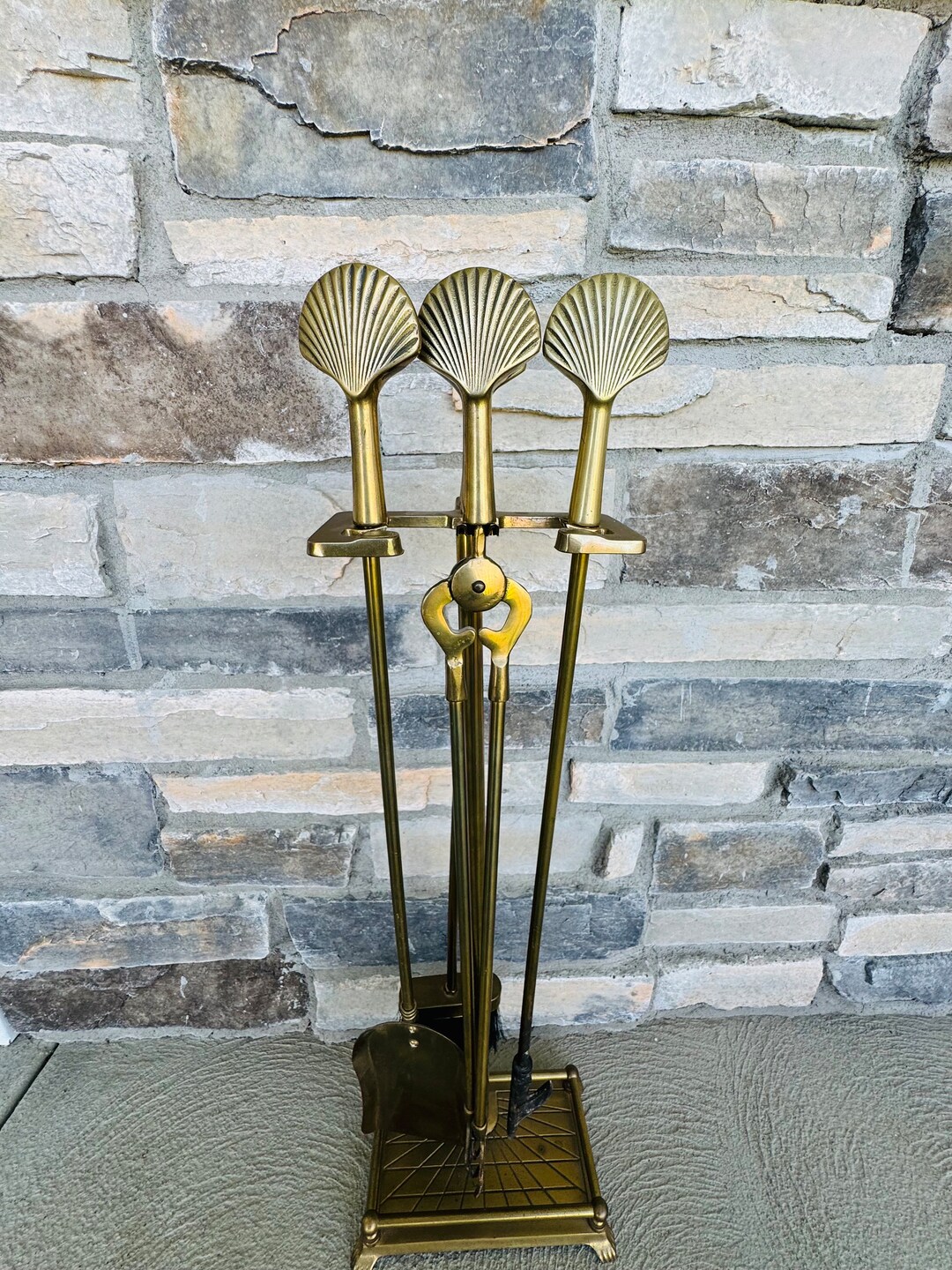Vintage Seashell 80’s Brass Fireplace Set/ Stand/ Brass Tool Poker Set ...