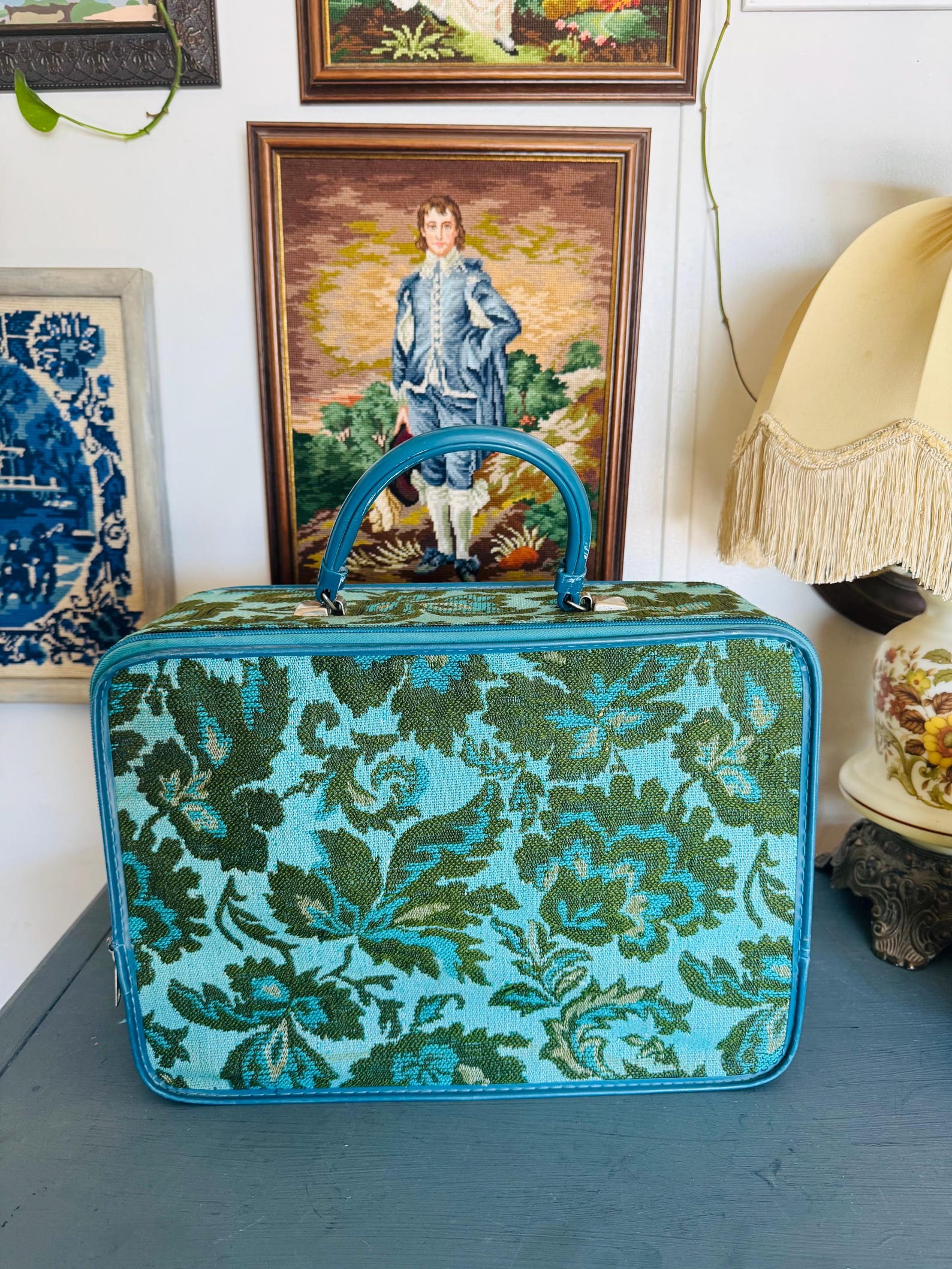Vintage Floral Blue & Green 70’s Groovy Suitcase/ Soft Carpet Suitcase ...