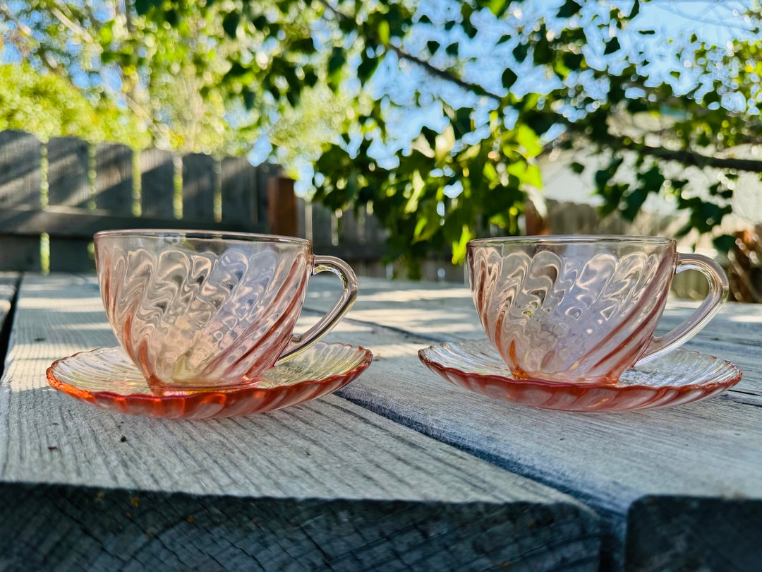 Vintage Aroco Pink Tea Cups and Saucers/ Pink Glass/ Tea Cups/ Pink ...