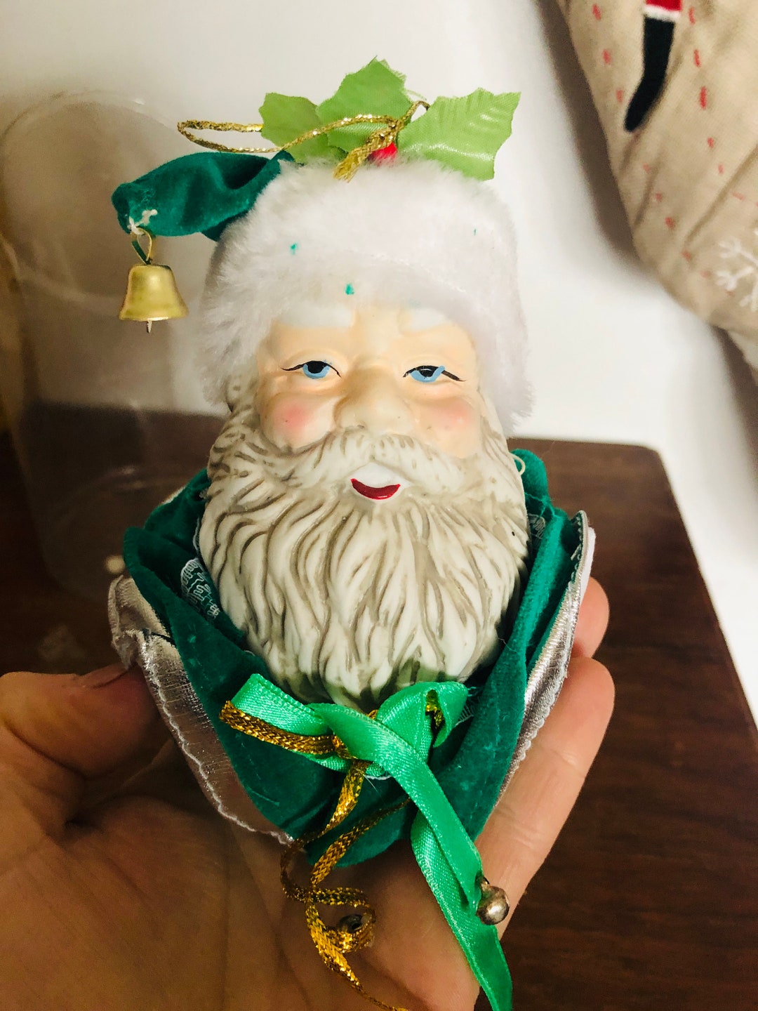 Vintage Santa Head Decor and Ornament/ Green Santa/christmas Santa ...