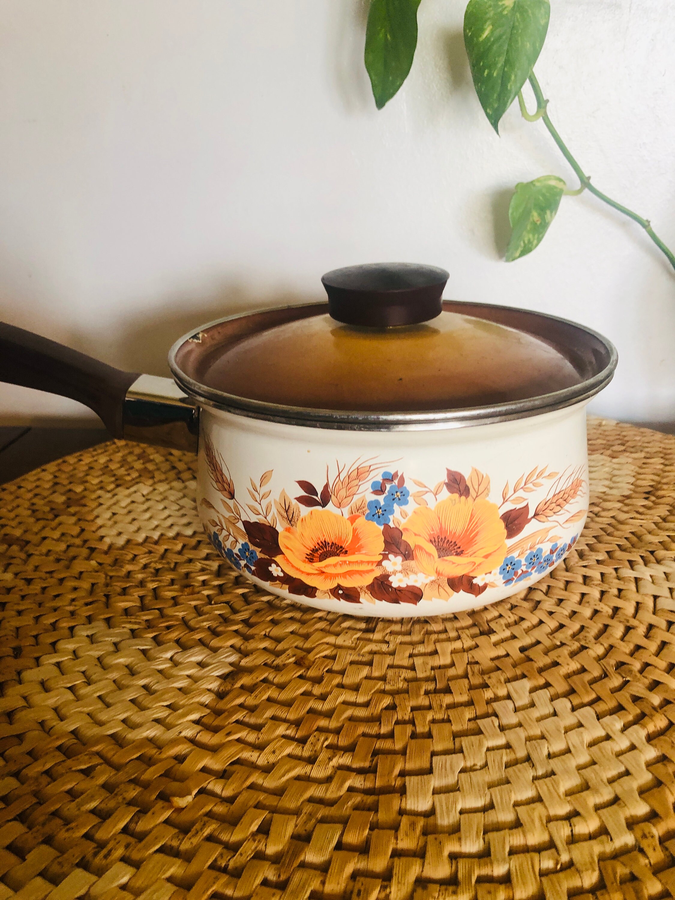 70’s Enamel Flower Cool Pot With Lid/ Vintage Cook Pot/ Orange Flower ...