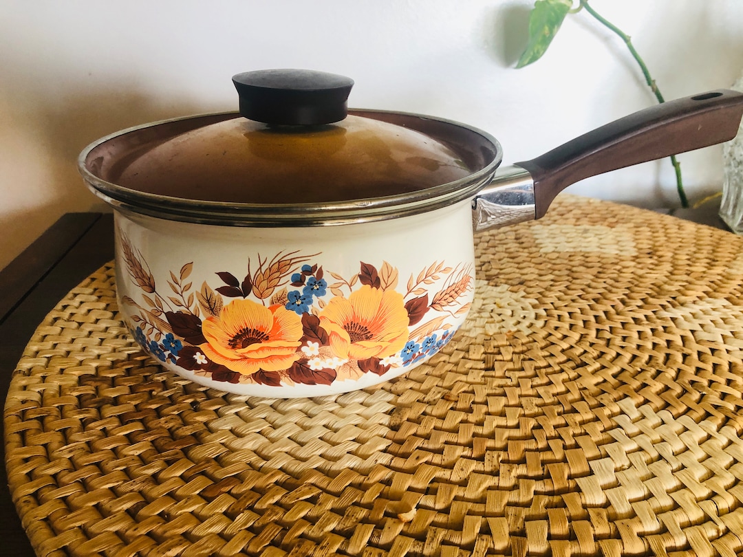 70’s Enamel Flower Cool Pot With Lid/ Vintage Cook Pot/ Orange Flower ...