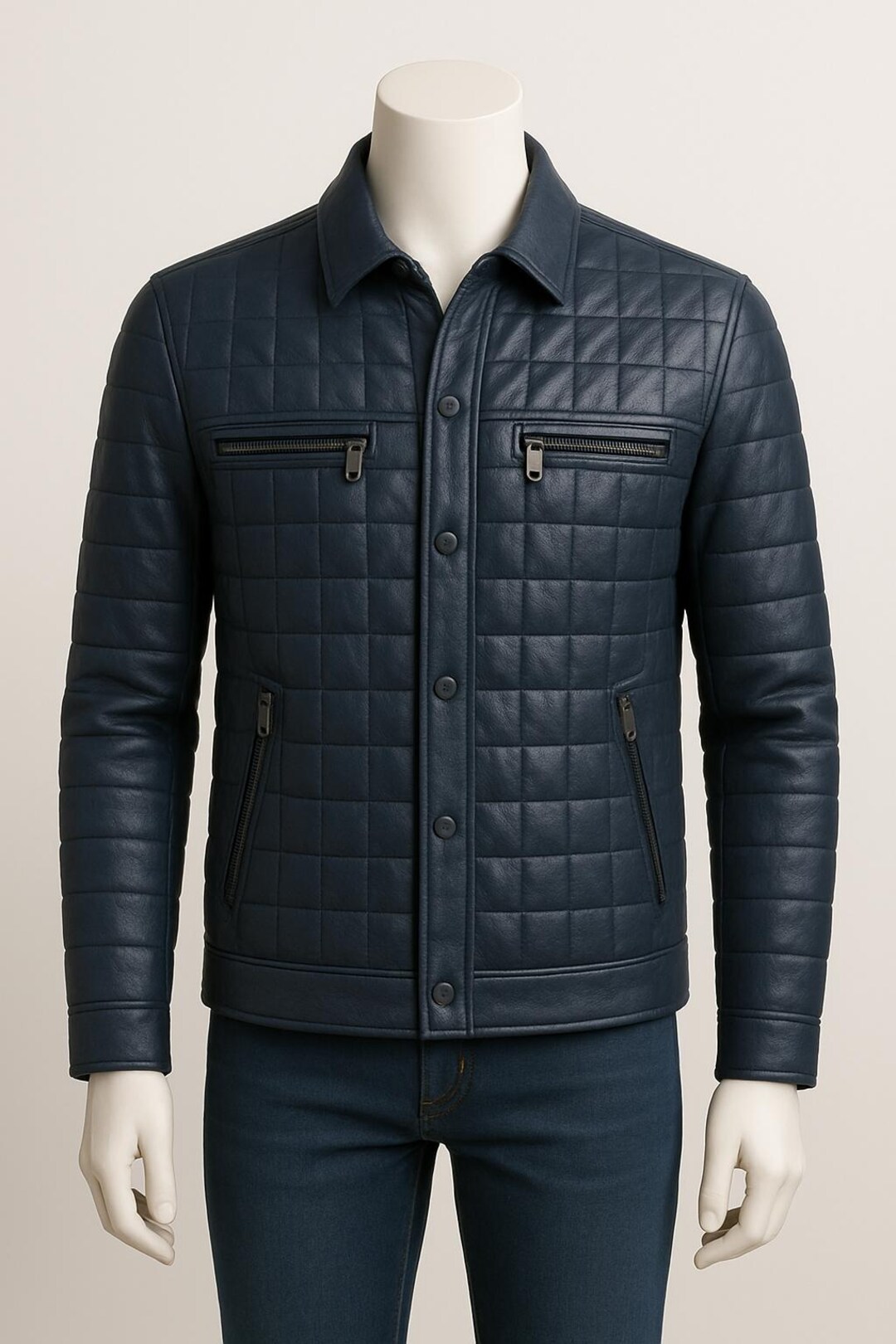 Men's Blue Leather Jacket-custom Handmade Quilted Leather Jacket- Biker ...