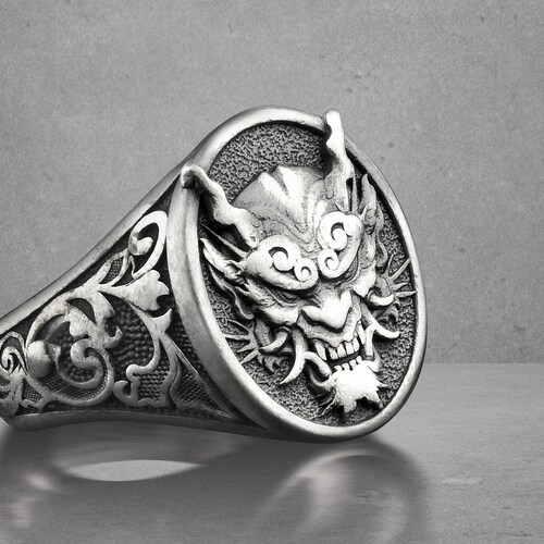 Oni Japanese Art Mens Ring in Silver Demon Engraved Signet - Etsy