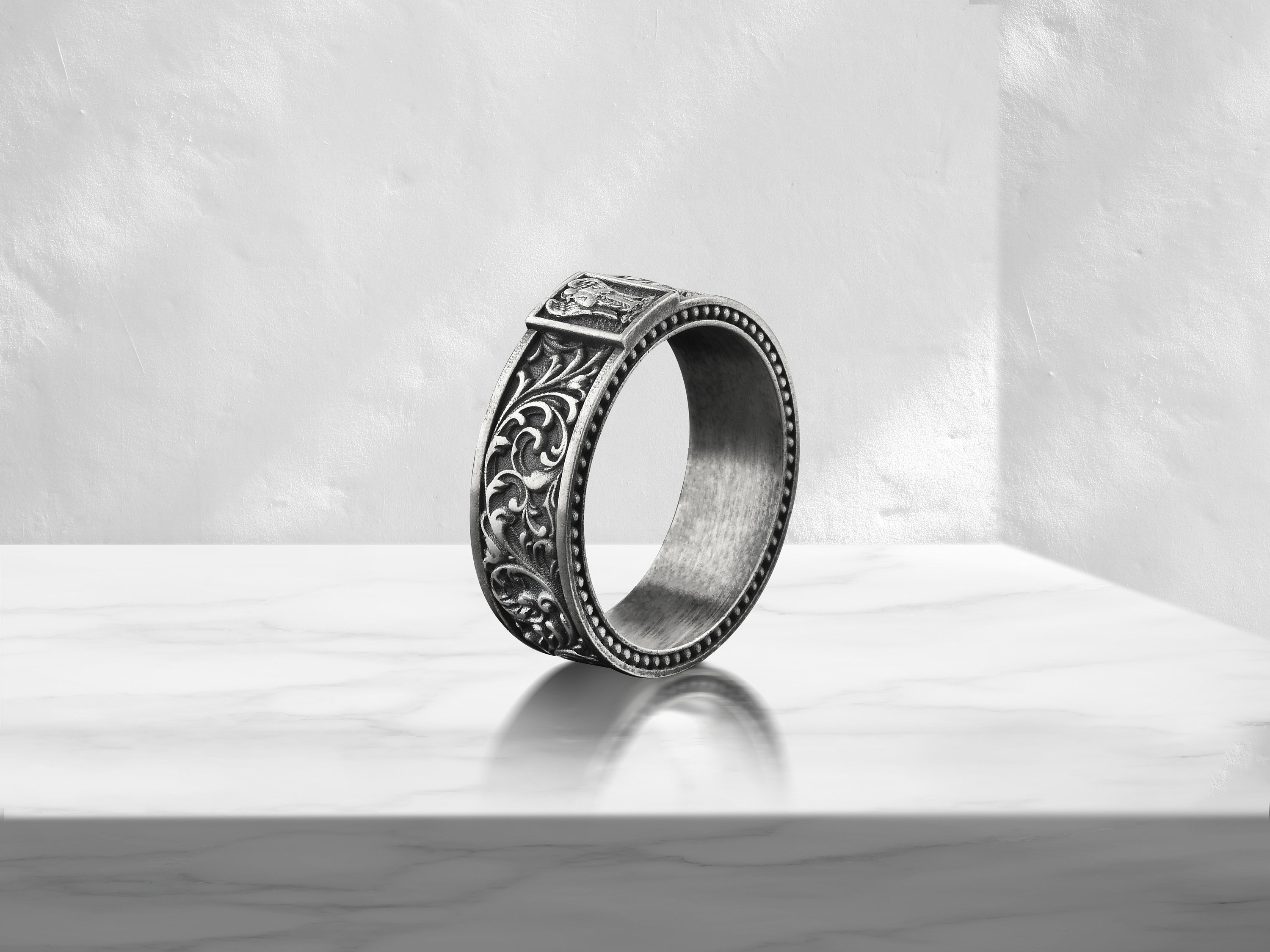 Solid Silver Archangel Saint Raphael Floral Motif Mens Band - Etsy