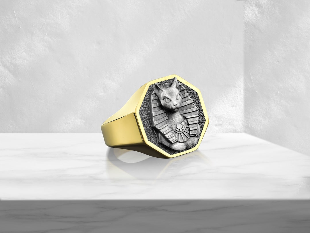 Bastet Sterling Silver Signet Ring for Men in Gold Plted - Etsy