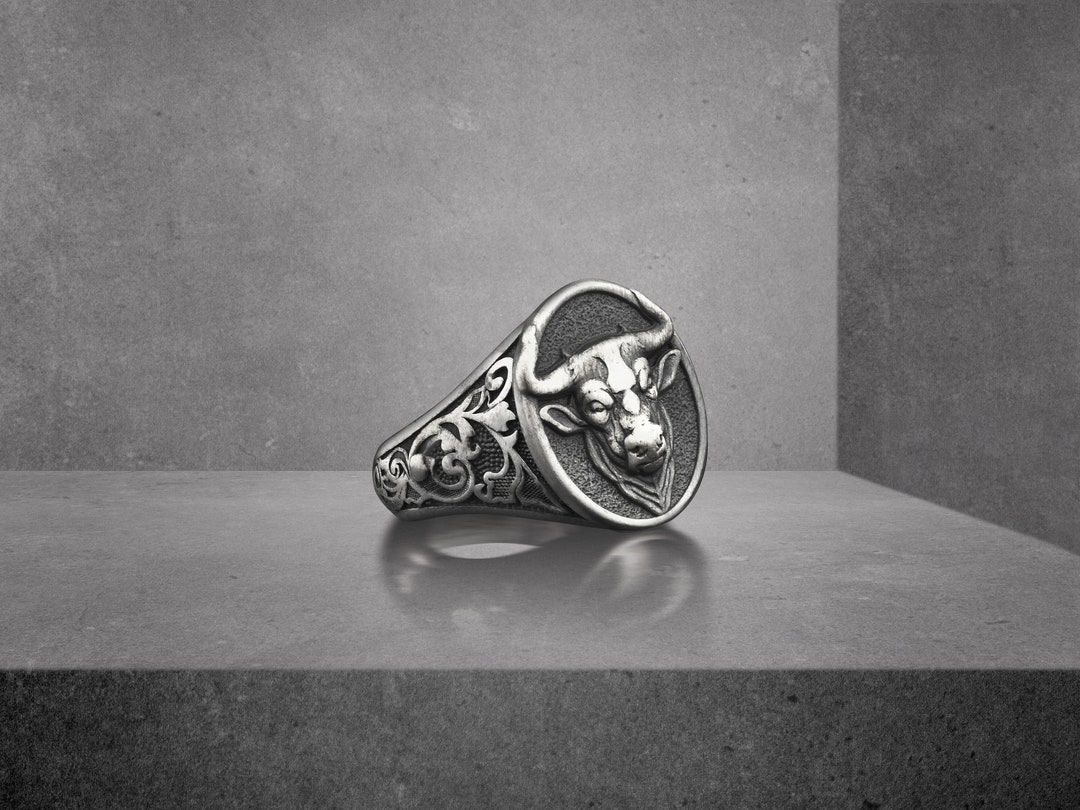 Bull Silver Mens Animal Signet Ring Taurus Zodiac Sign Ring - Etsy