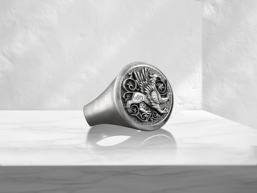Gryphon Silver Round Signet Ring Griffin Engraved Mythology - Etsy