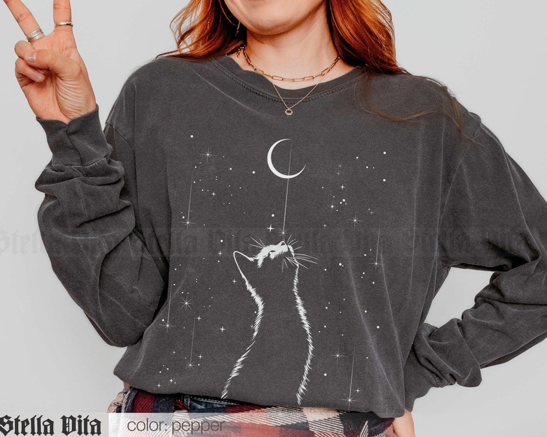 Celestial Cat Long Sleeve Shirt, Cat Sweatshirt, Kitty Shirt, Lunar ...