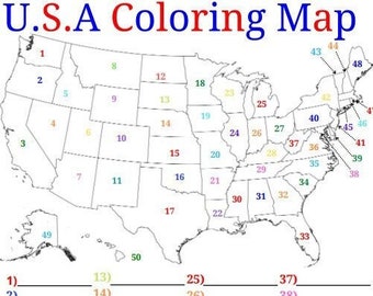 Map of America Printable, Learning Tool, Coloring Template, Summer ...