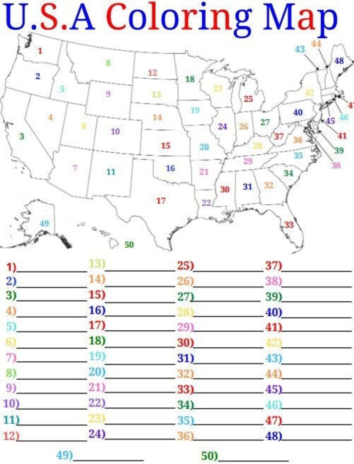 Printable Map of USA, Coloring and Learning Worksheet - Etsy