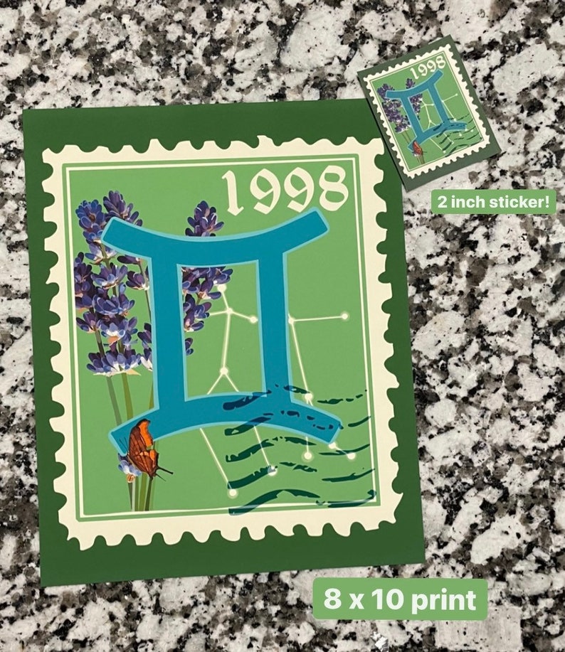 Aquarius Zodiac Stamp Art Print With Customizable Year and 2 Inch ...