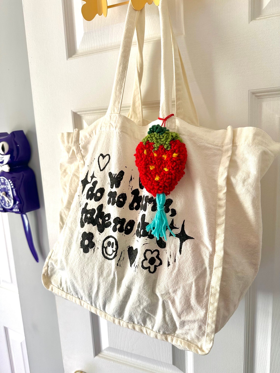 Strawberry Punch Needle Bag Charm, Tote Bag Purse Accessory - Etsy