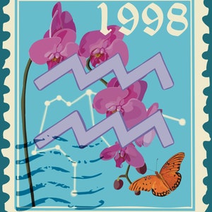 Aquarius Zodiac Stamp Art Print With Customizable Year and 2 Inch ...