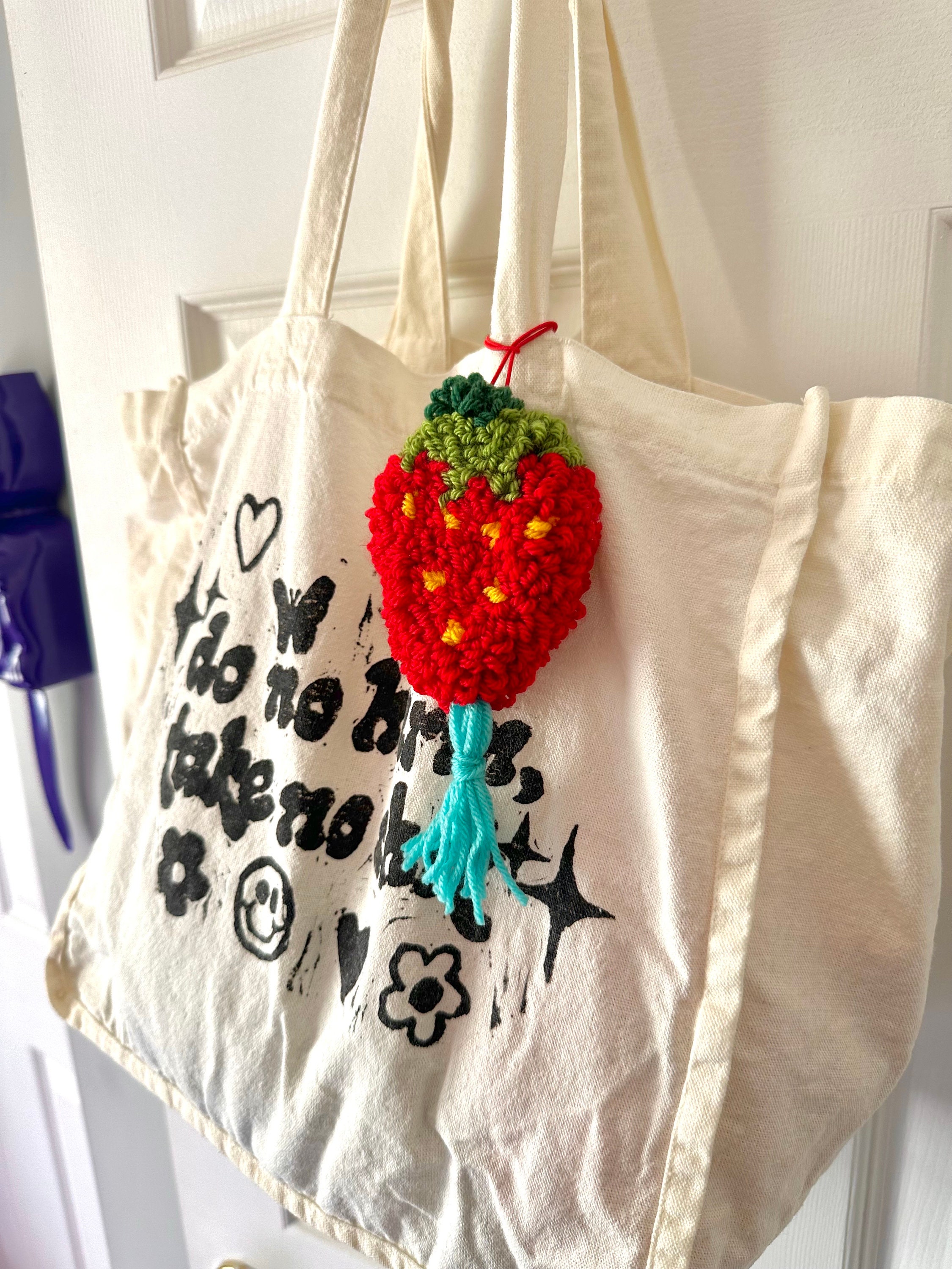 Strawberry Punch Needle Bag Charm, Tote Bag Purse Accessory - Etsy