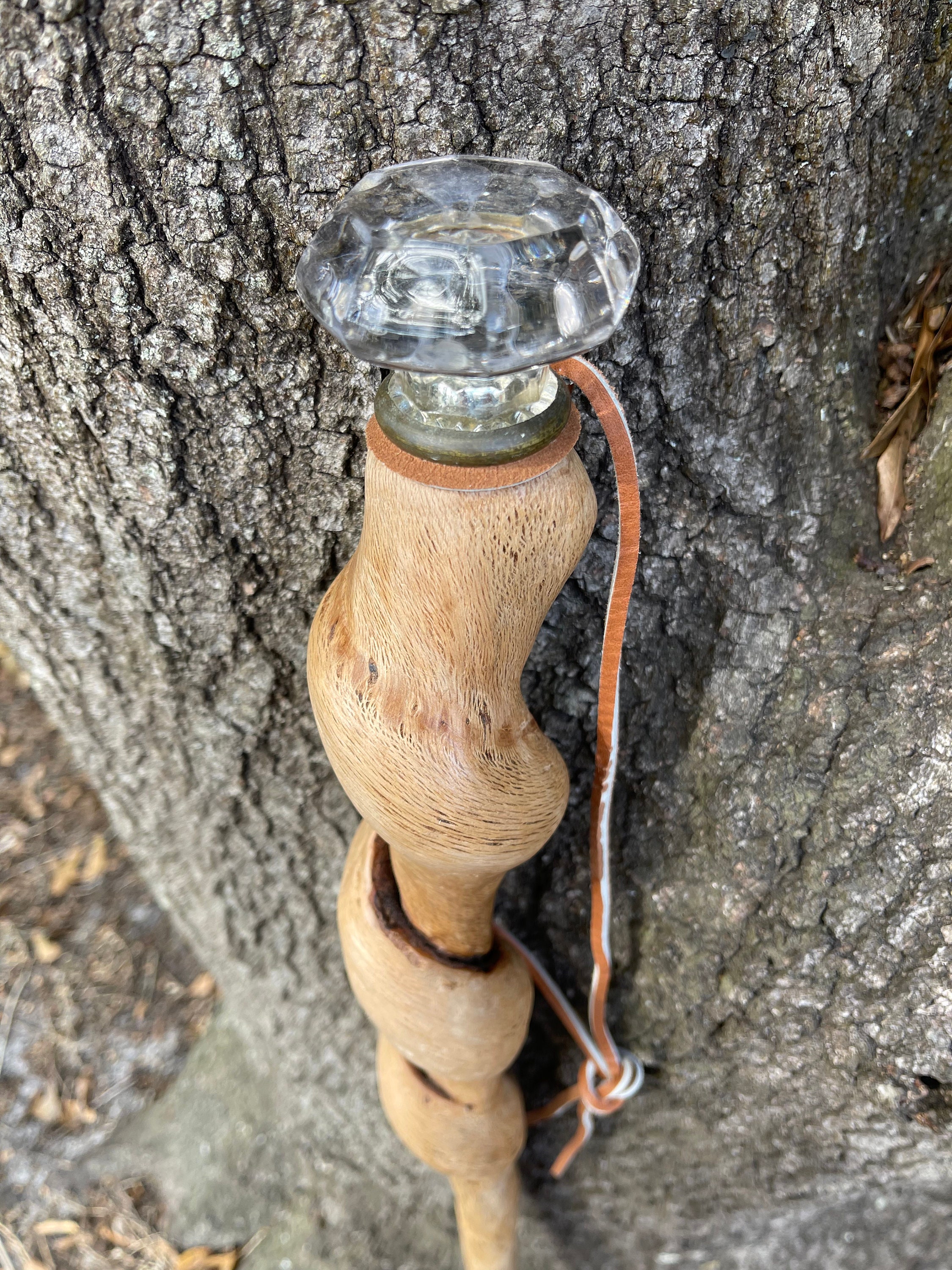 43” Unique Solid Oak Walking Staff With Antique Glass and Brass Topper ...