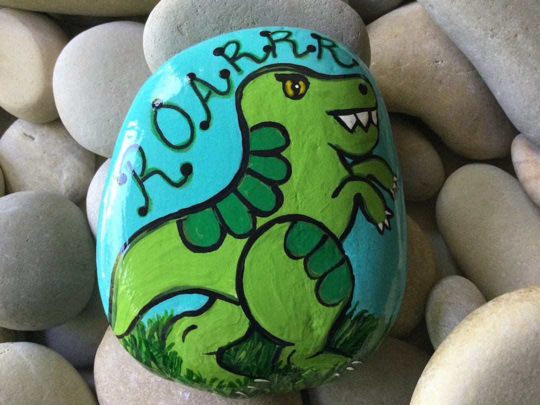 T Rex Dinosaur Natural Stone Hand Painted Art, Gift for Child and ...