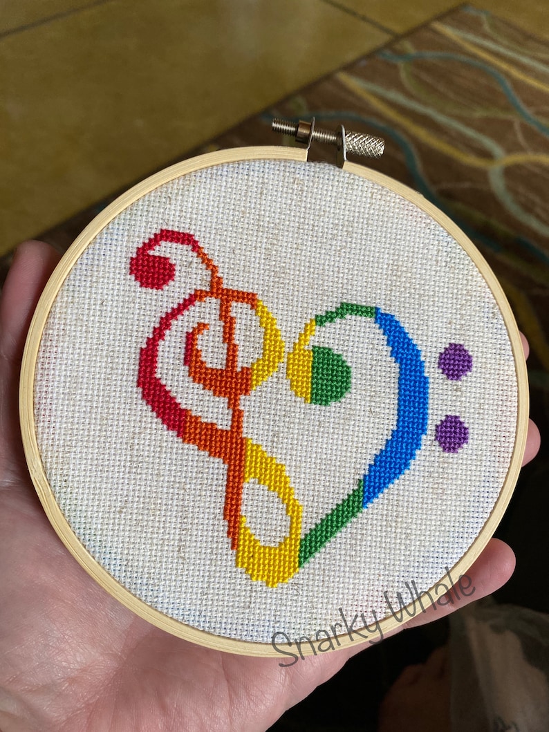 Rainbow Clef Heart - Cross Stitch Pattern - Bass Clef, Treble Clef ...