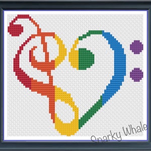 Rainbow Clef Heart - Cross Stitch Pattern - Bass Clef, Treble Clef ...