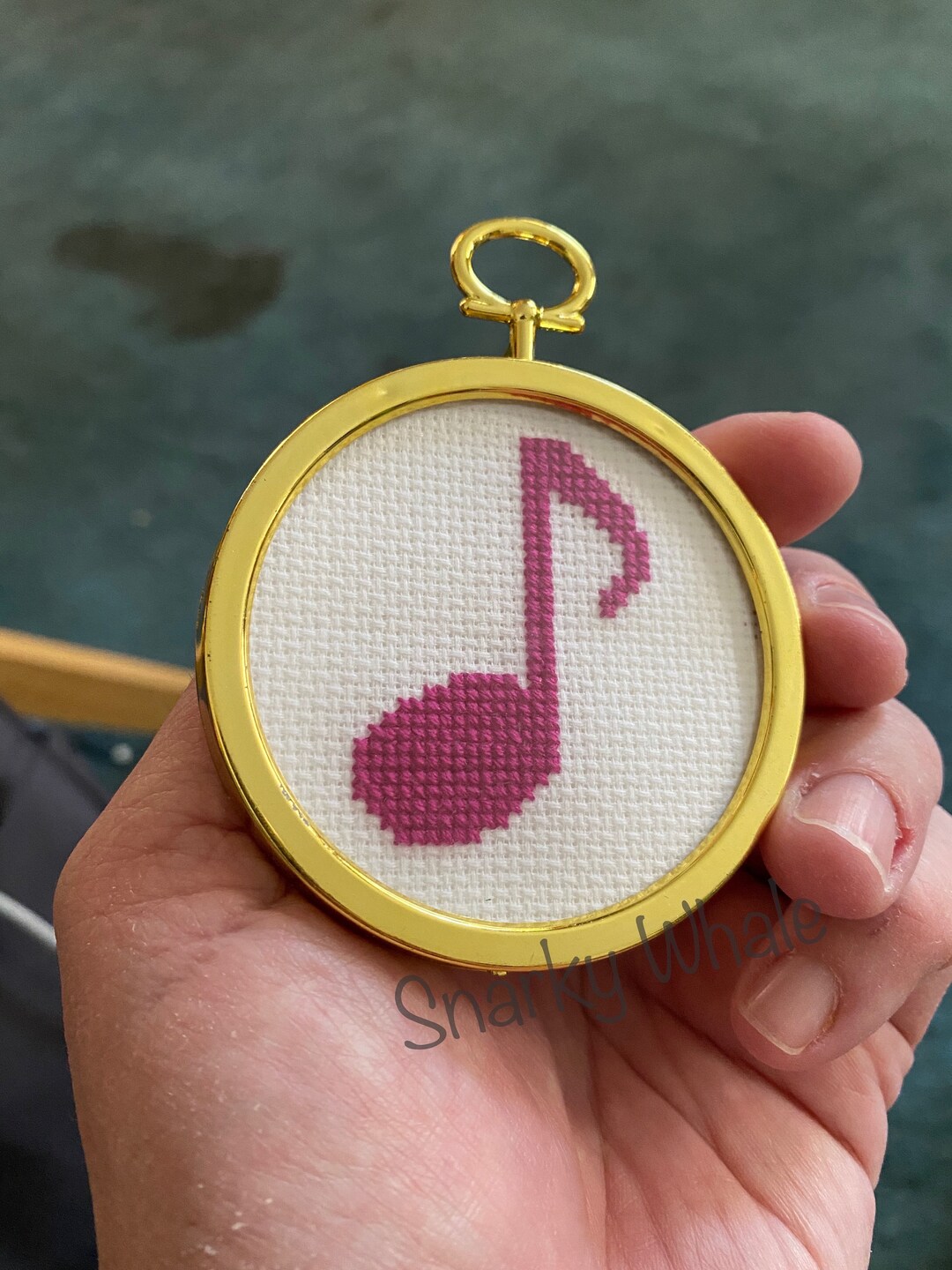 Framed Hot Pink Music Note, 8th Note Cross Stitch Ornament, Eighth Note ...