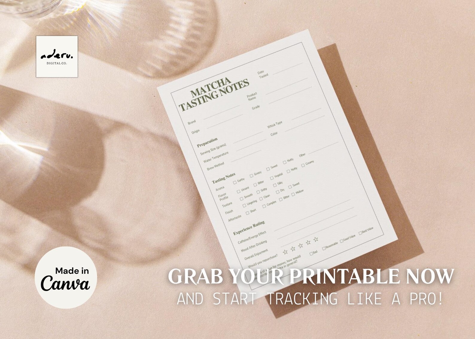 Matcha Tasting Notes Printable | Minimalist Tea Journal | Matcha Event ...