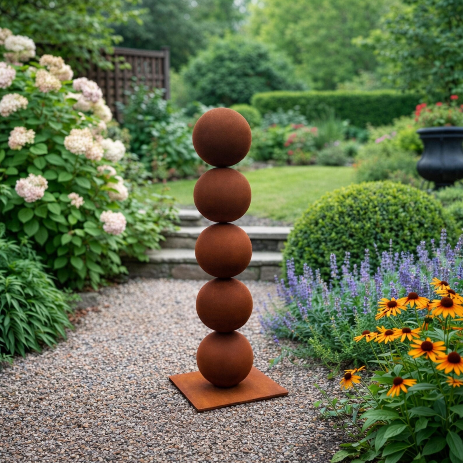 30" Modern Rusted Steel Garden Sculpture With Five Stacked Spheres for ...
