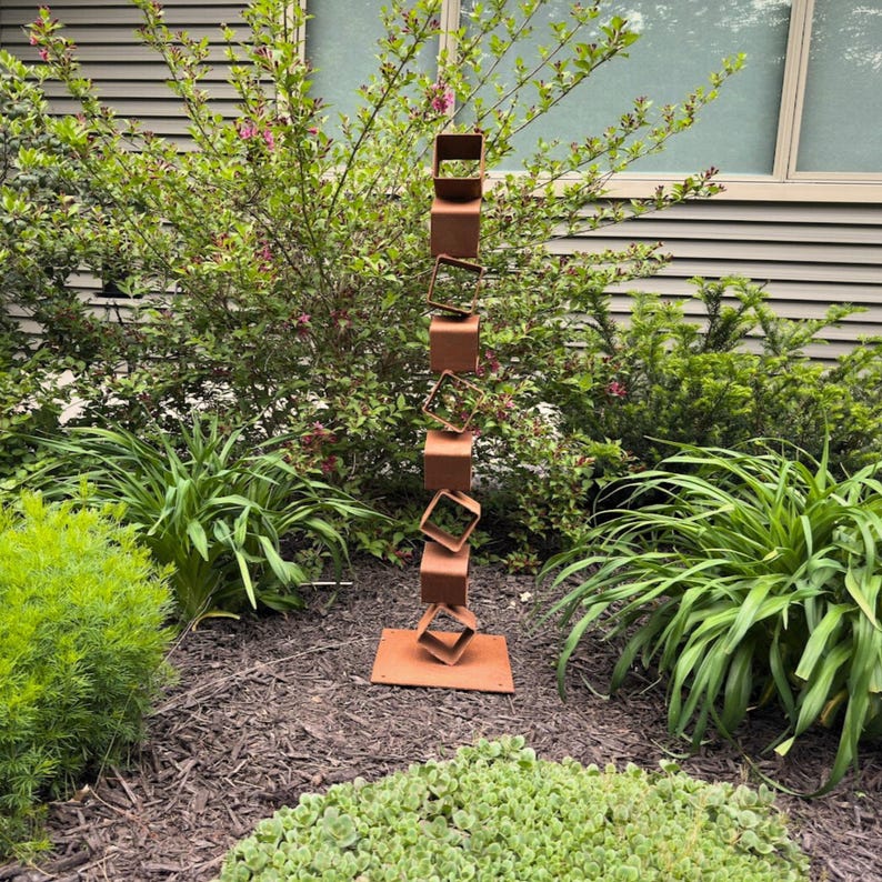Modern Rusted Metal Sculpture for Garden – Outdoor Stacked Cube Yard ...