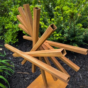 Modern Metal Garden Sculpture - Rusted Steel Yard Art, Abstract Outdoor Decor, Geometric Metal ...