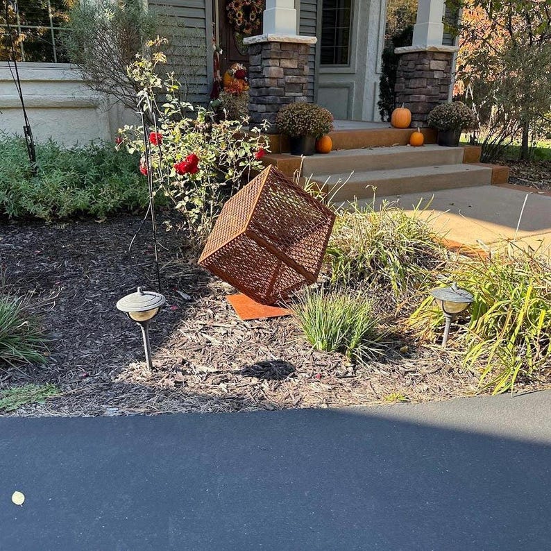Modern Rusted Metal Cube Sculpture – Industrial Steel Garden Art ...