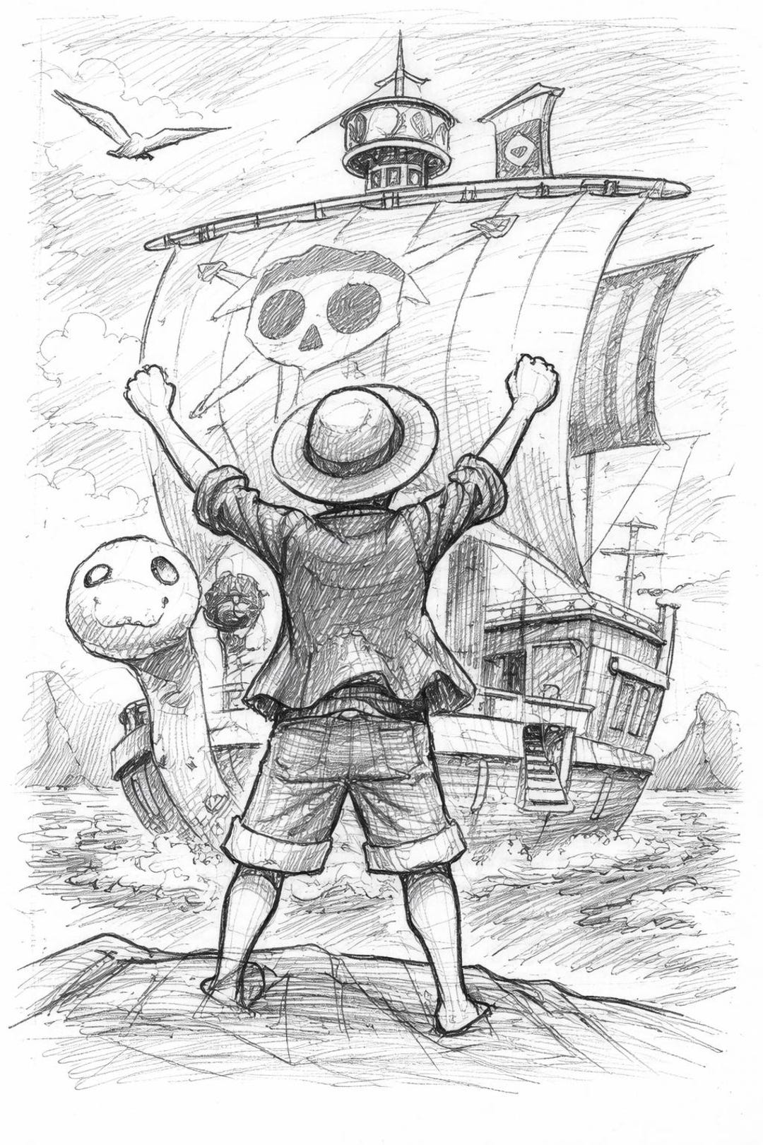 One Piece Inspired Pirate Ship Pencil Sketch | Anime Manga Wall Art ...