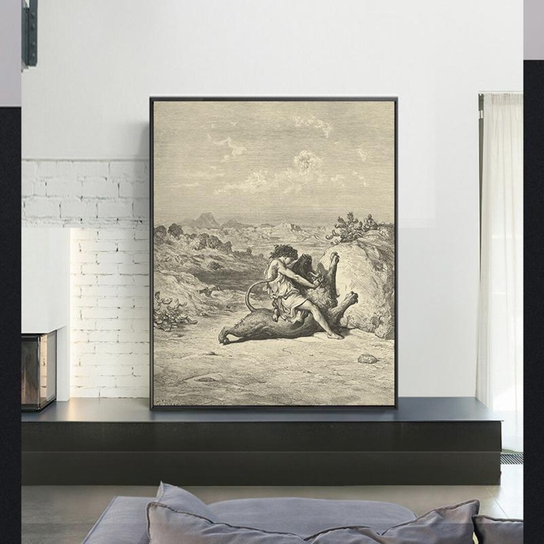 SAMSON SLAYING a Lion-gustave Doré,antique Wall Art,vintage Religious ...