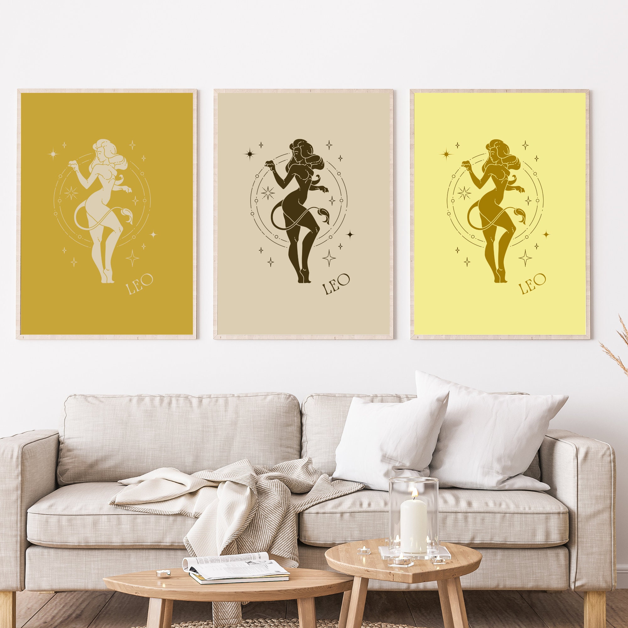 Set of 3 Minimalist Leo Girl Line Art Digital Prints | Boho Golden ...