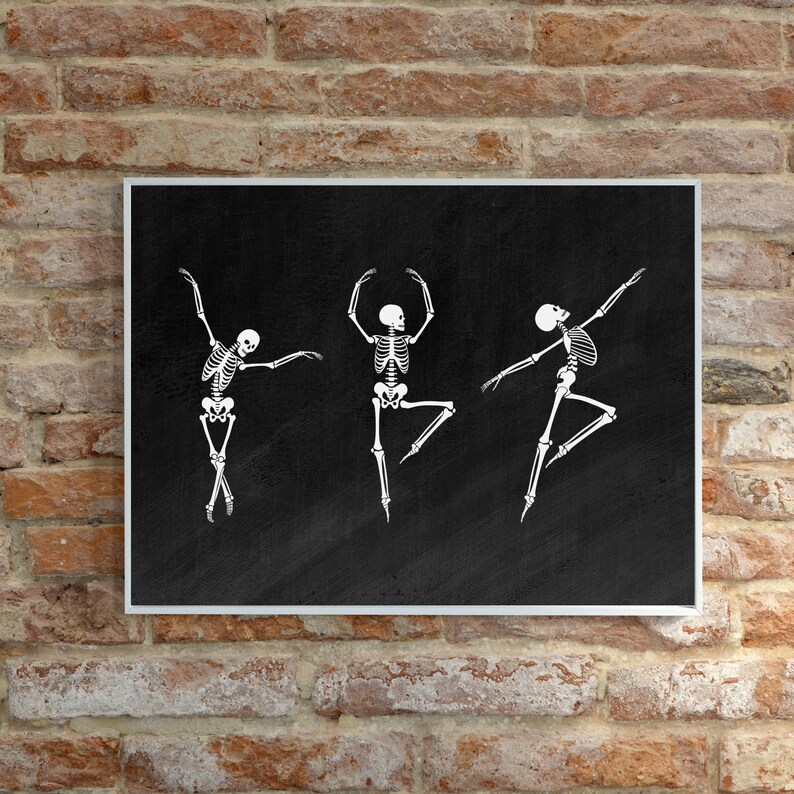 Printable Dancing Skeletons Halloween Illustration Spooky Black and ...