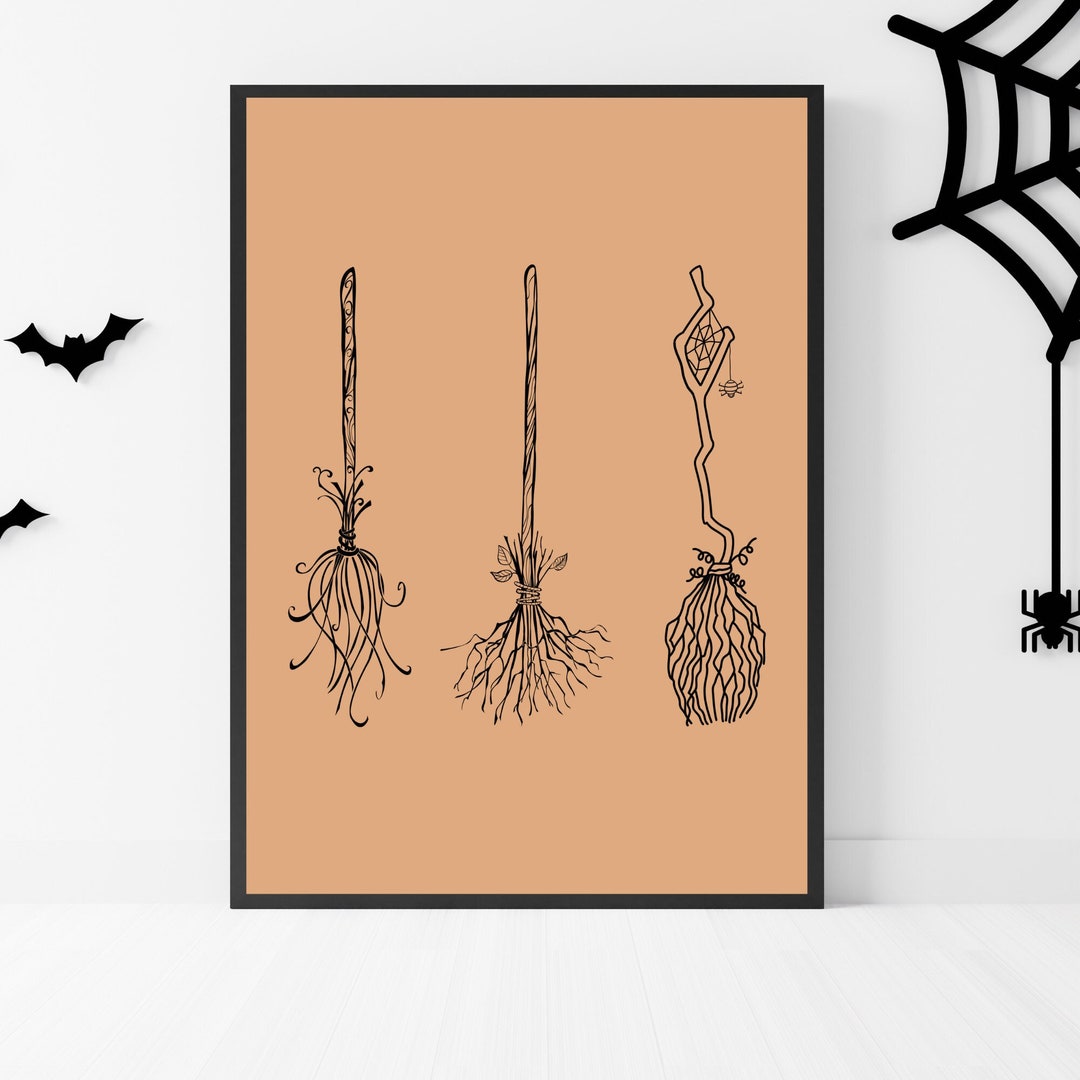 Buy Minimalist Witch's Brooms Line Art Print Neutral Fall Halloween ...