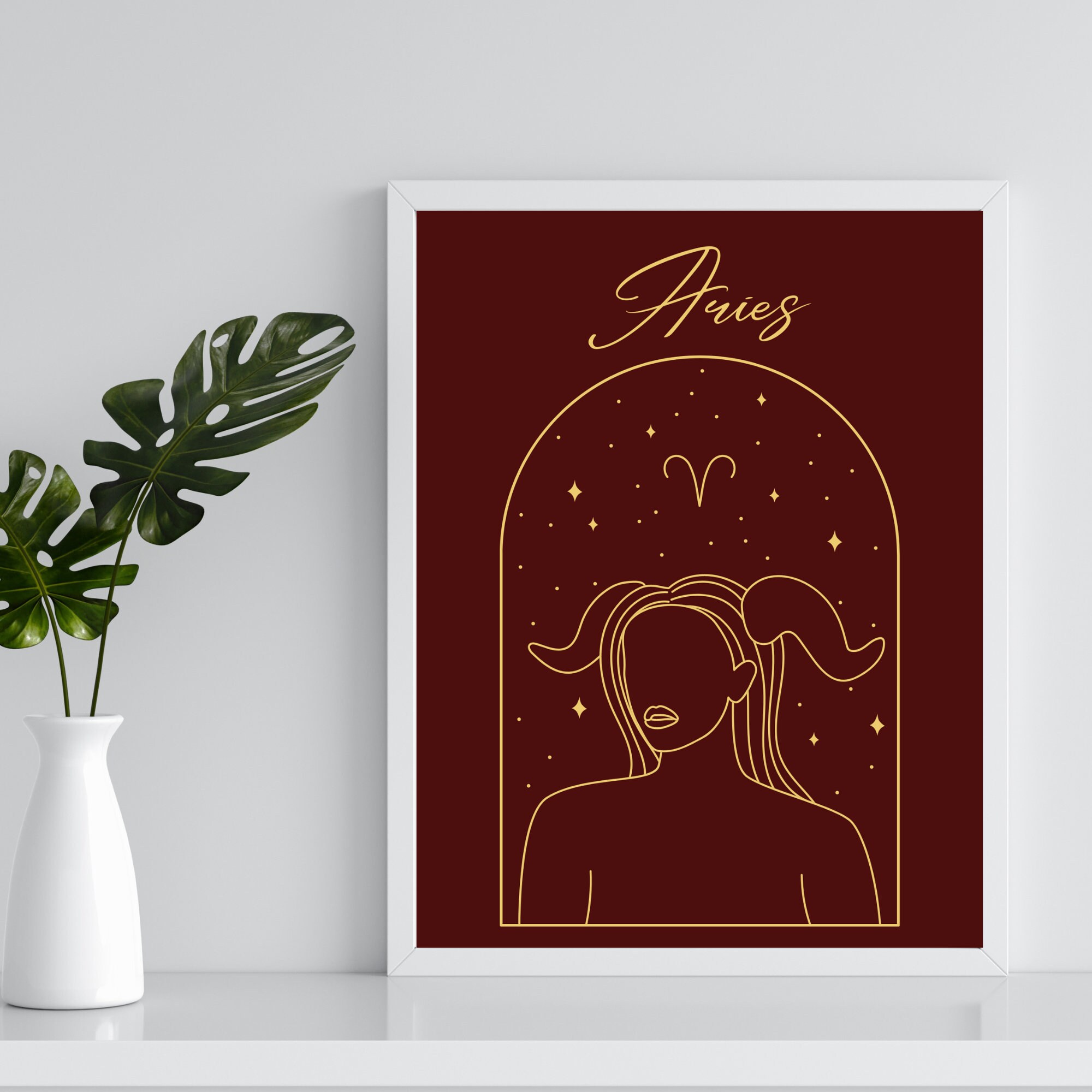 Printable Aries Girl Minimalist Line Art Bohemian Zodiac Wall Art ...