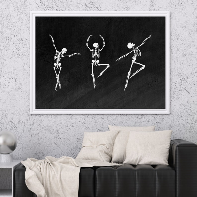 Printable Dancing Skeletons Halloween Illustration Spooky Black and ...