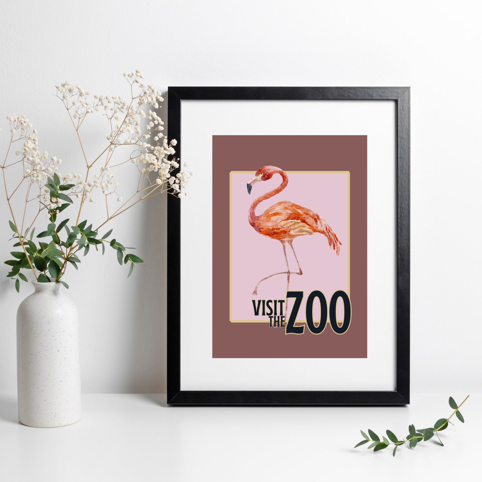 Pink Flamingo Visit the Zoo Digital Earth Toned Art Print - Etsy